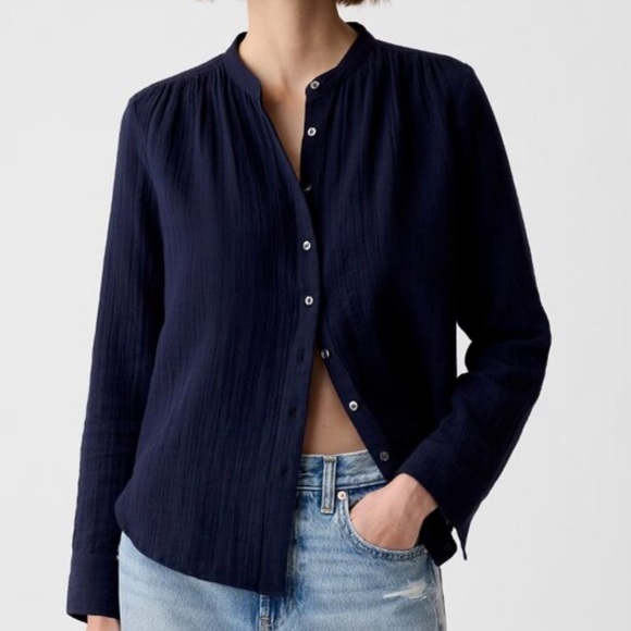 GAP | Tops | Gap Long Sleeve Crinkle Gauze Button Down Shirt Navy Blue ...